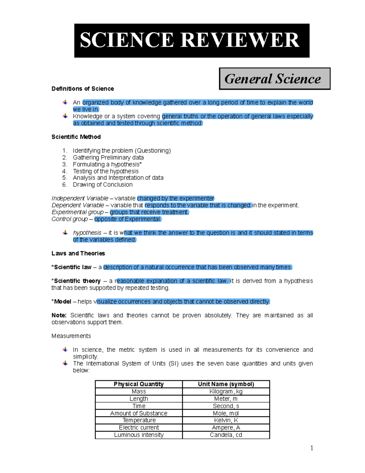 Science Reviewer - Definitions of Science An organized body of ...