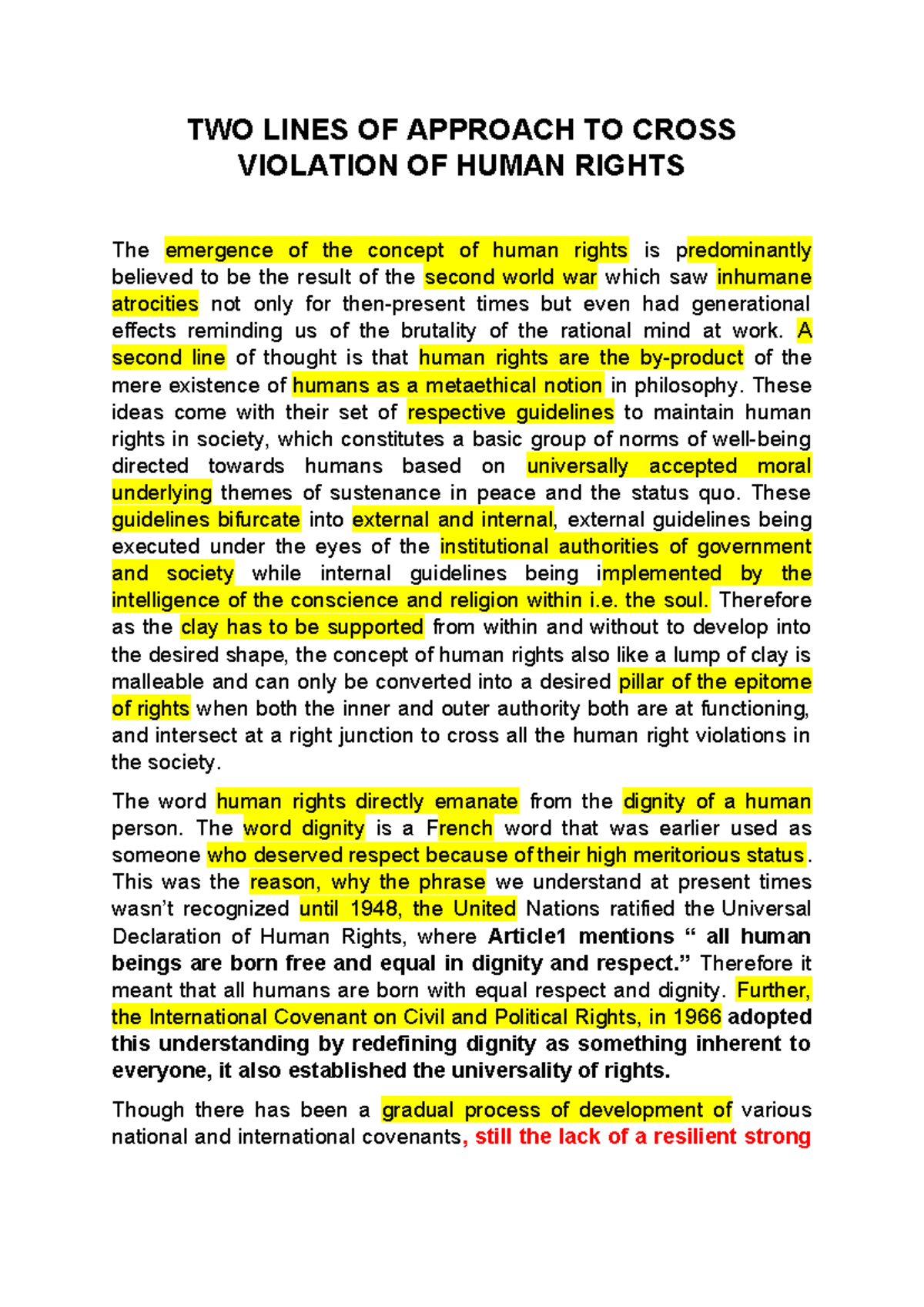 Human Rights Assignment - TWO LINES OF APPROACH TO CROSS VIOLATION OF ...