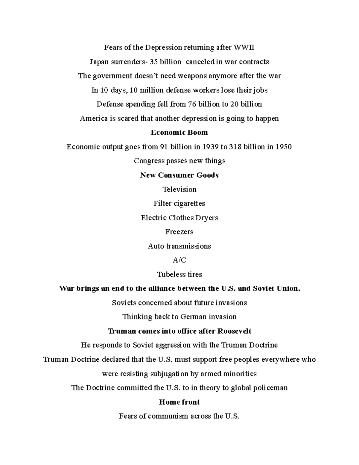 Cold War - Google Docs - Fears of the Depression returning after WWII ...