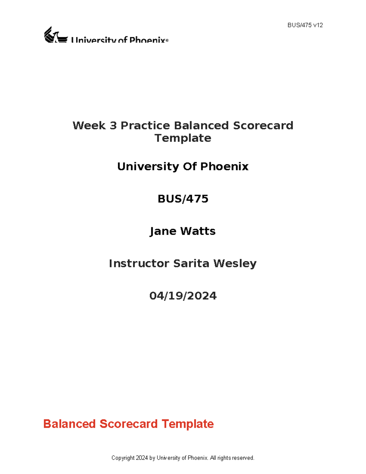 Bus 475 Week 3 Balanced Scorecard Template - Copy - BUS/475 v Week 3 ...