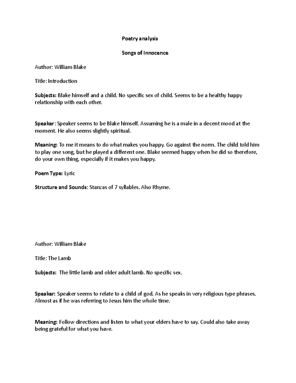 Poetry analysis finished - Poetry analysis Songs of Innocence Author ...