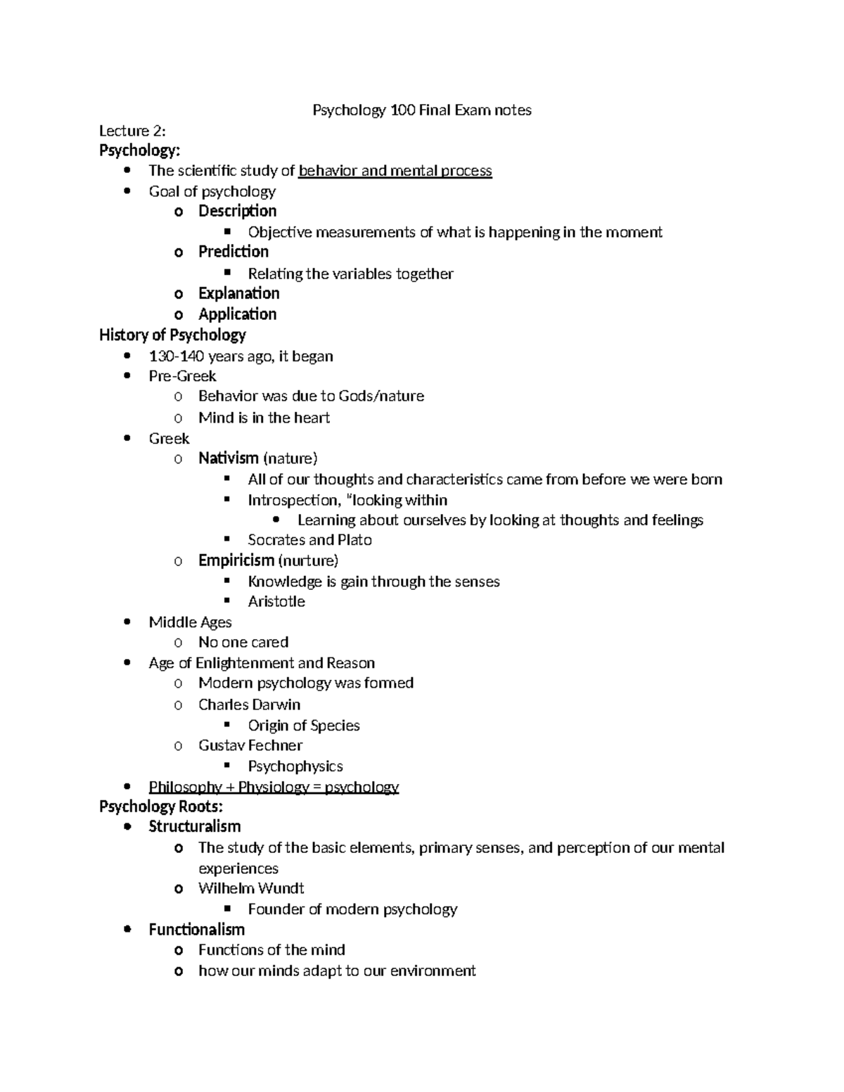 Psyc100 notes-1 - Psychology 100 Final Exam notes Lecture 2: Psychology ...