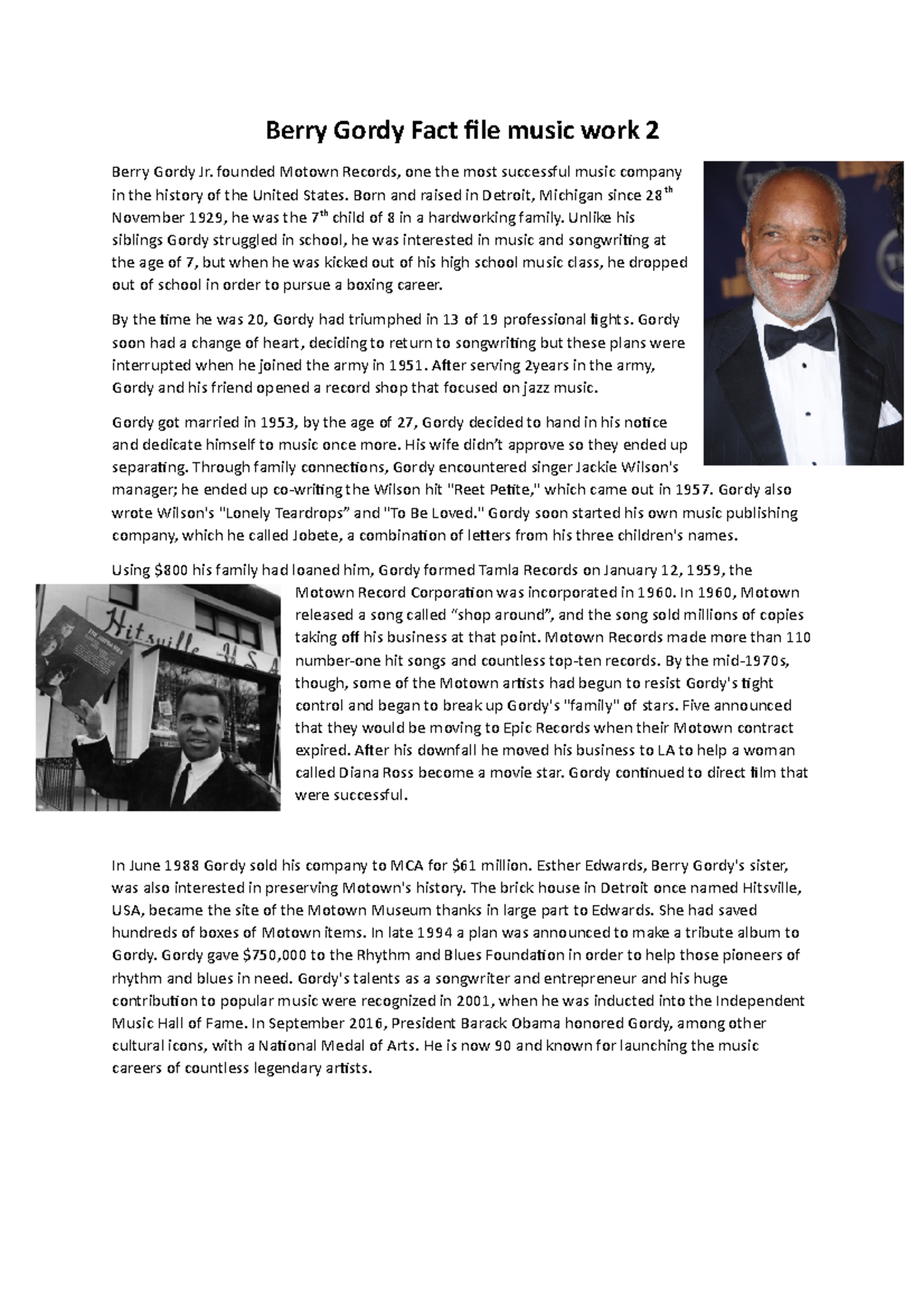 Berry Gordy Fact file music work 2 - founded Motown Records, one the ...