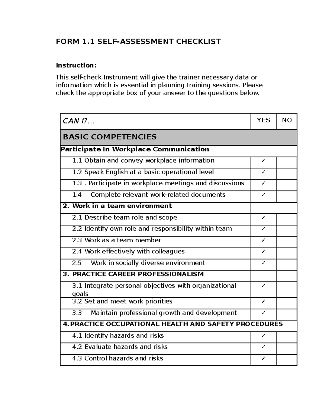 SWBt jsdjlooow'k - FORM 1 SELF-ASSESSMENT CHECKLIST Instruction: This self-check Instrument will ...