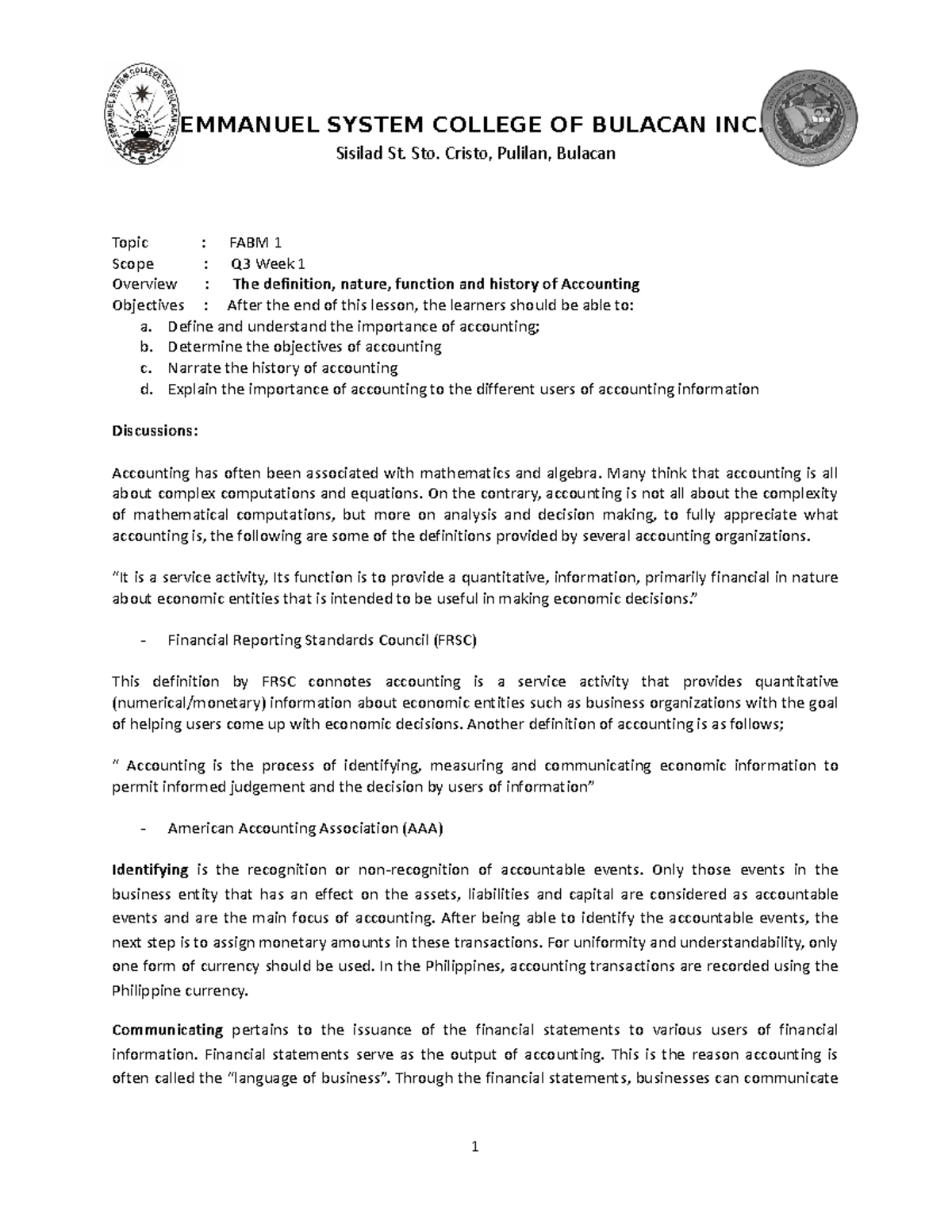 FABM 1 On Line Module Week 1 - EMMANUEL SYSTEM COLLEGE OF BULACAN INC ...