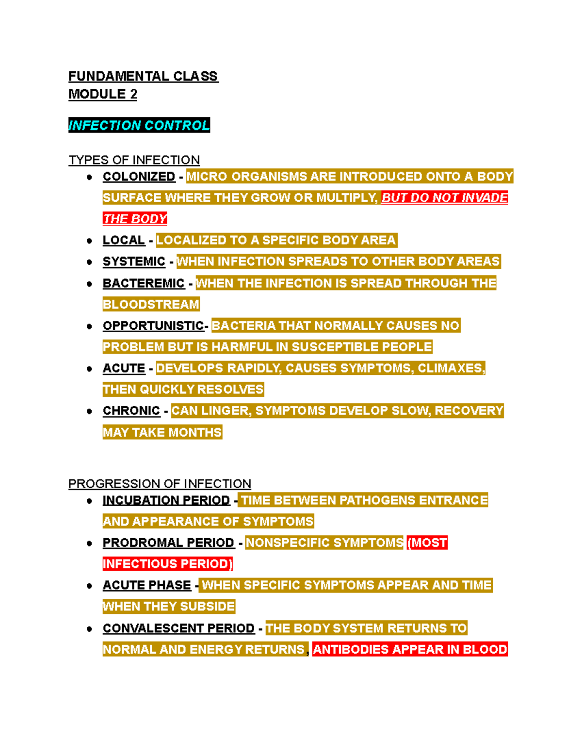 Infection Control Notes - FUNDAMENTAL CLASS MODULE 2 INFECTION CONTROL ...