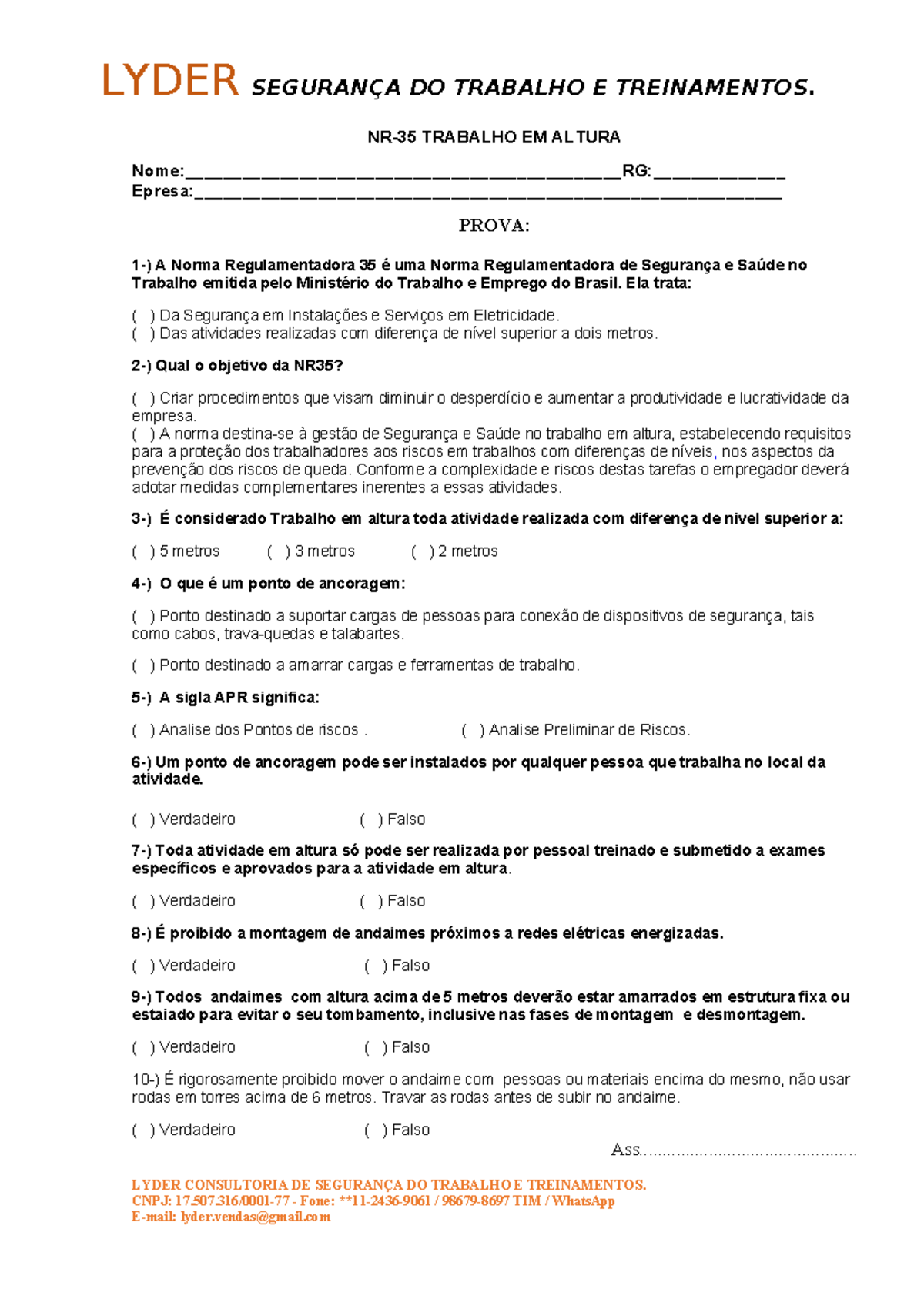 Prova NR-35 atualizada - LYDER SEGURANÇA DO TRABALHO E TREINAMENTOS. NR ...