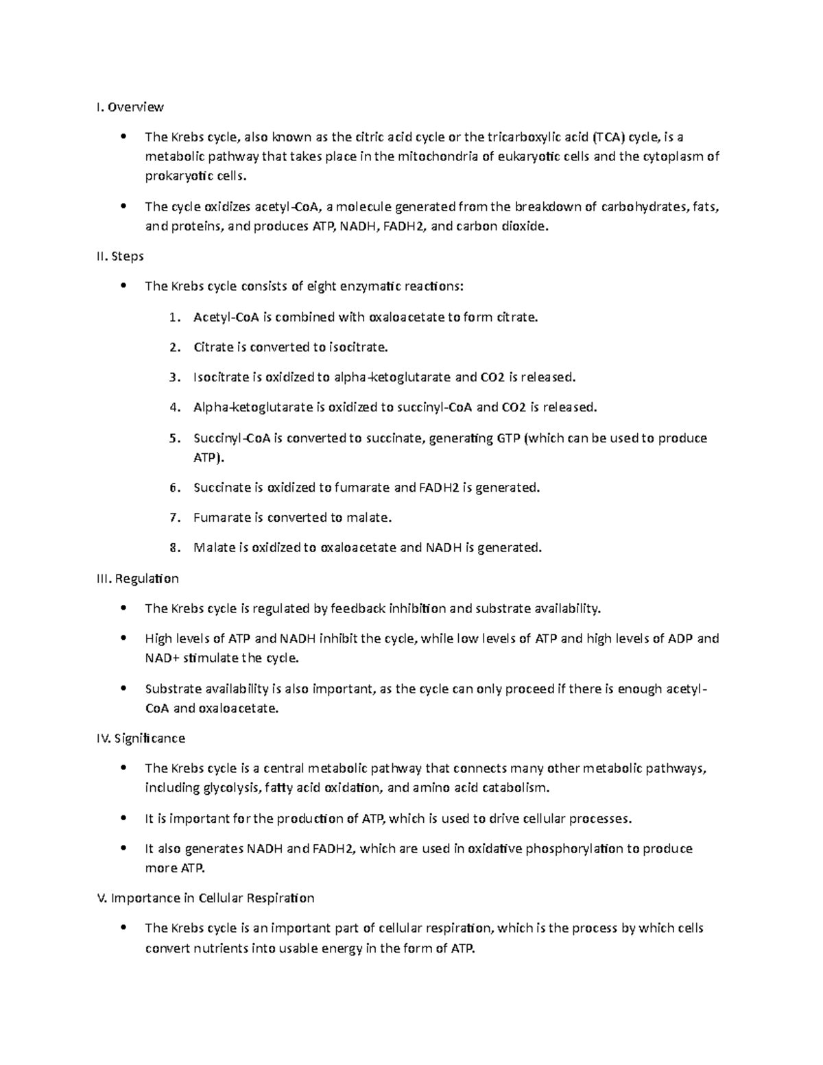 Krebs Cycle - I. Overview The Krebs cycle, also known as the citric ...
