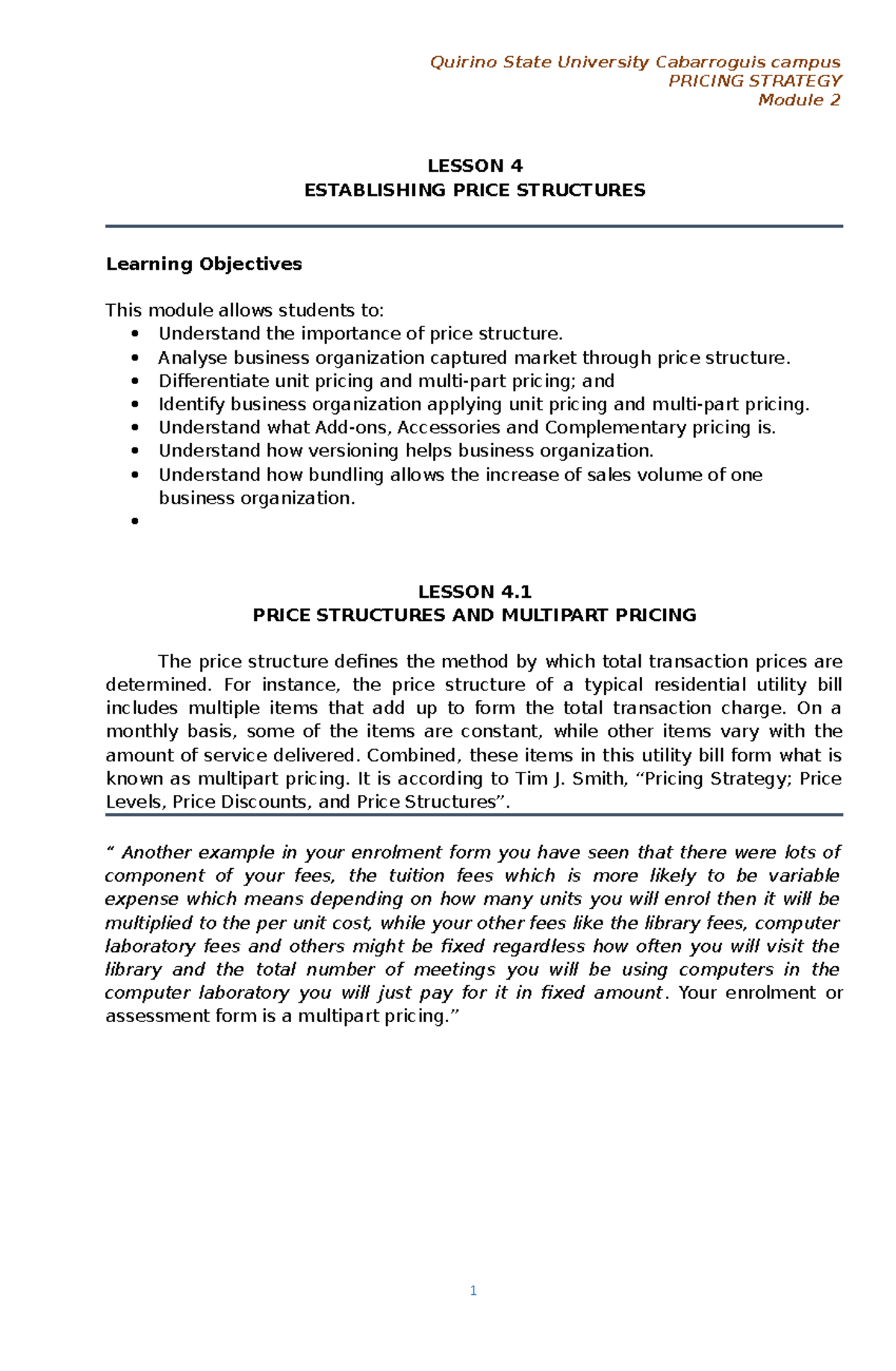 PRICING STRATEGY LESSON 4 ESTABLISHING PRICE STRUCTURES - PRICING ...