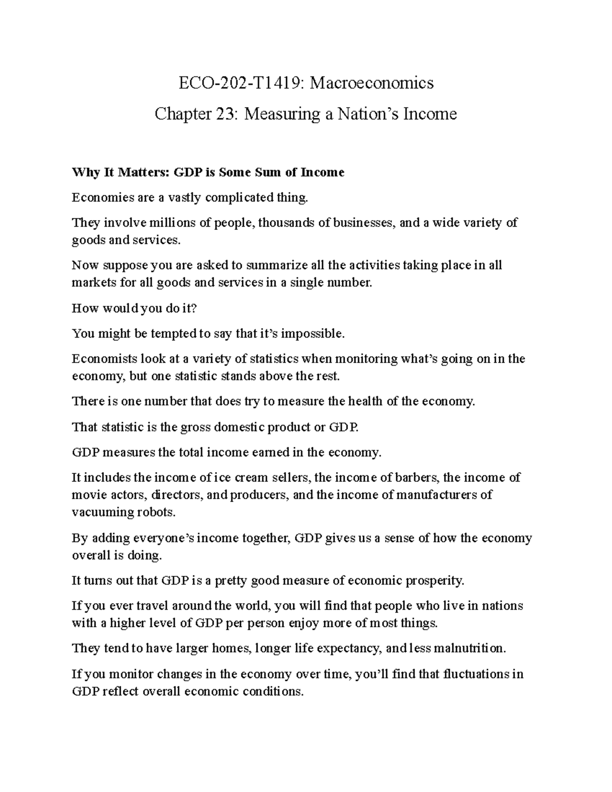 Chapter 23 Measuring a Nations Income - ECO-202-T1419: Macroeconomics Chapter 23: Measuring a ...