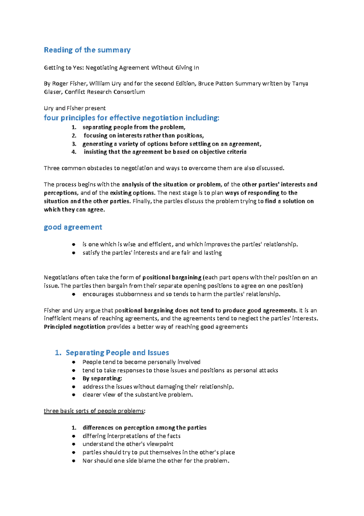 Getting to Yes summary - Reading of the summary Getting to Yes ...