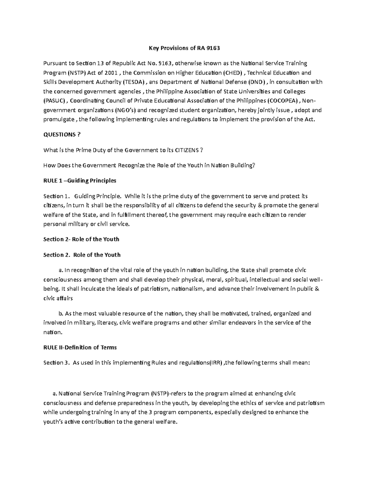 NSTP Primer 3 - TO HELP THE STUDENTS TO THEIR ASSIGNMENTS - Key ...