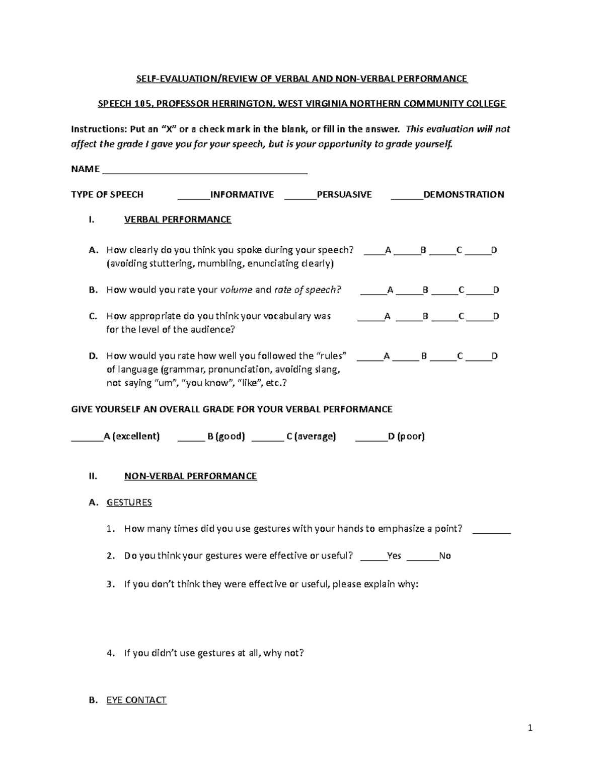Studentselfevaluationofspeech(1)1 - SELF-EVALUATION/REVIEW OF VERBAL ...