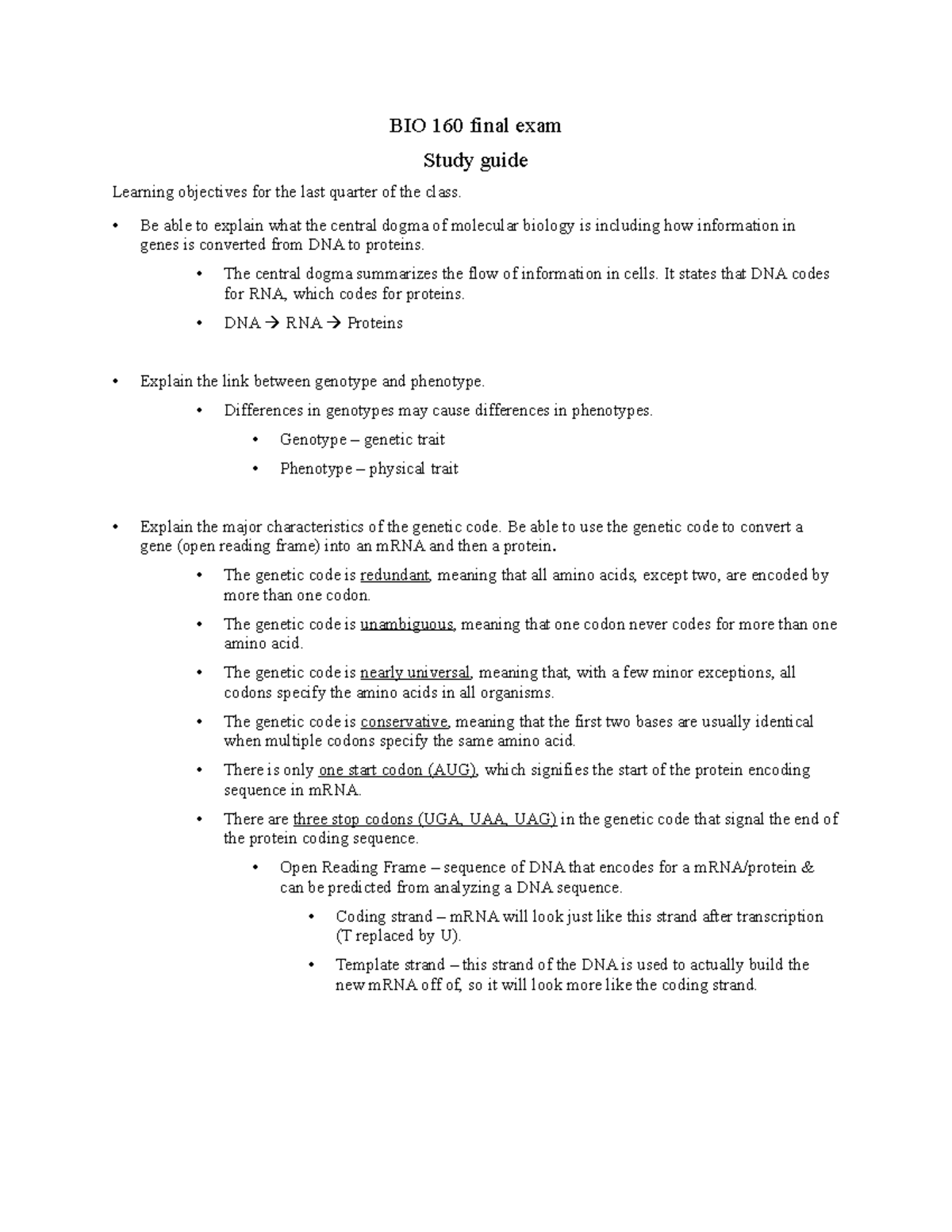 Bio final exam study guide Completed - BIO 160 final exam Study guide ...