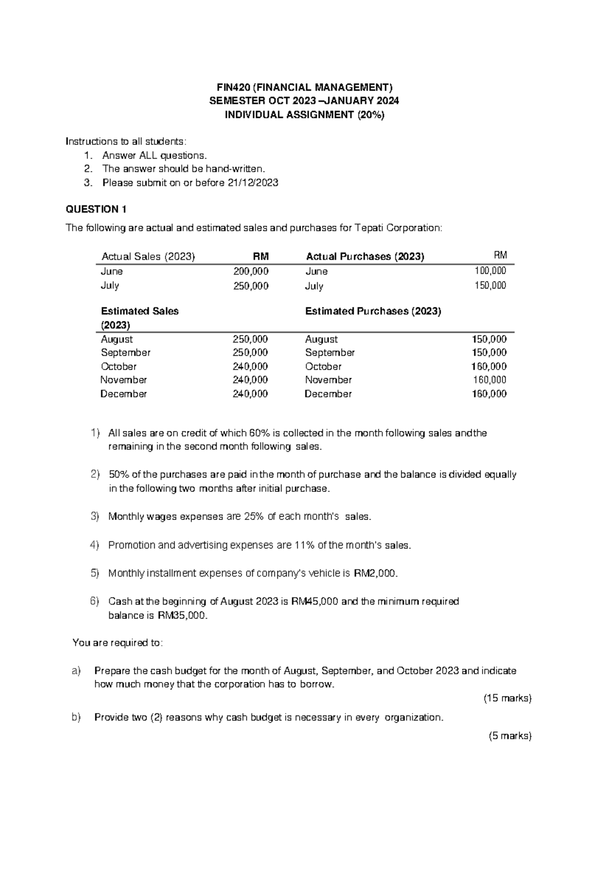 Individual Assignment FIN420 - FIN420 (FINANCIAL MANAGEMENT) SEMESTER ...