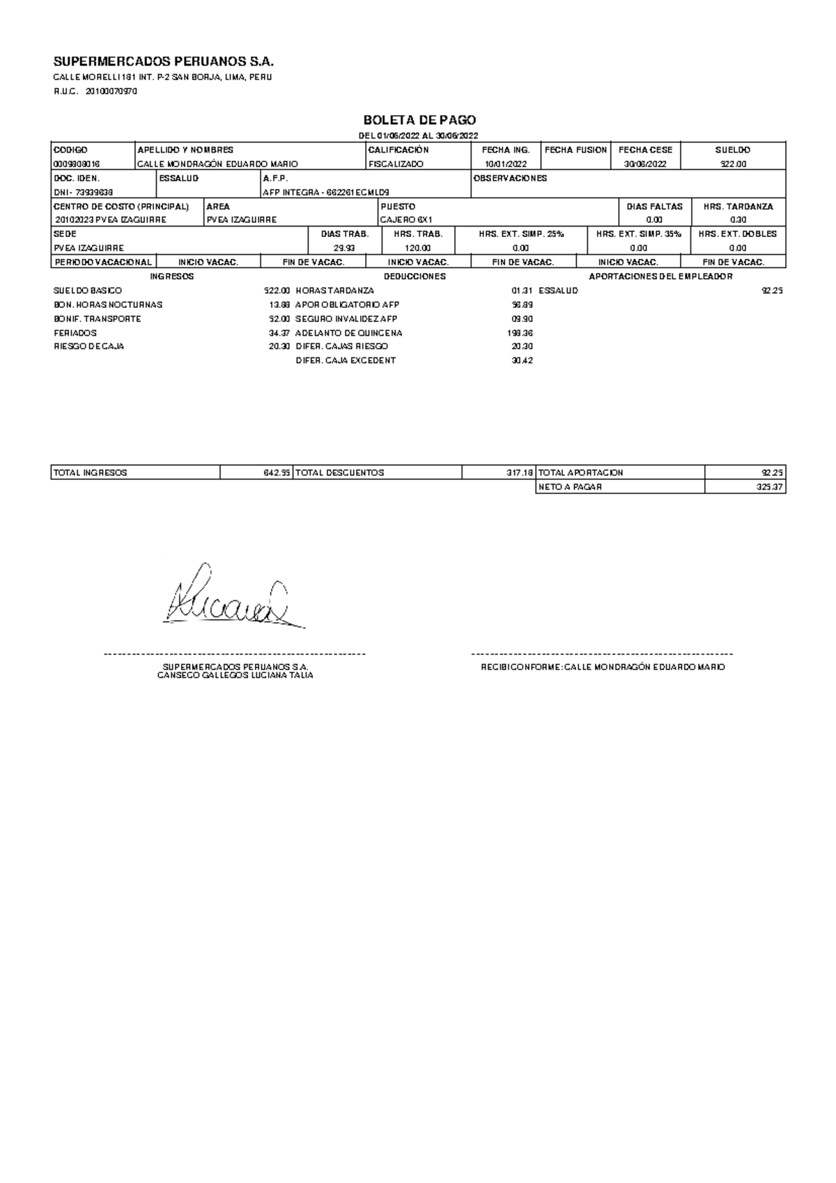 Boleta 06000980801620226 - SUPERMERCADOS PERUANOS S. CALLE MORELLI 181 ...