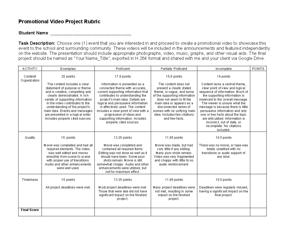 Inbound 3010406748177038718 - Promotional Video Project Rubric Student ...
