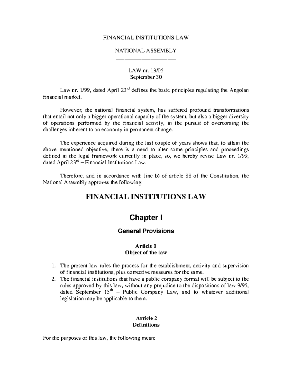 Law 13 - laws of finance - FINANCIAL INSTITUTIONS LAW NATIONAL ASSEMBLY