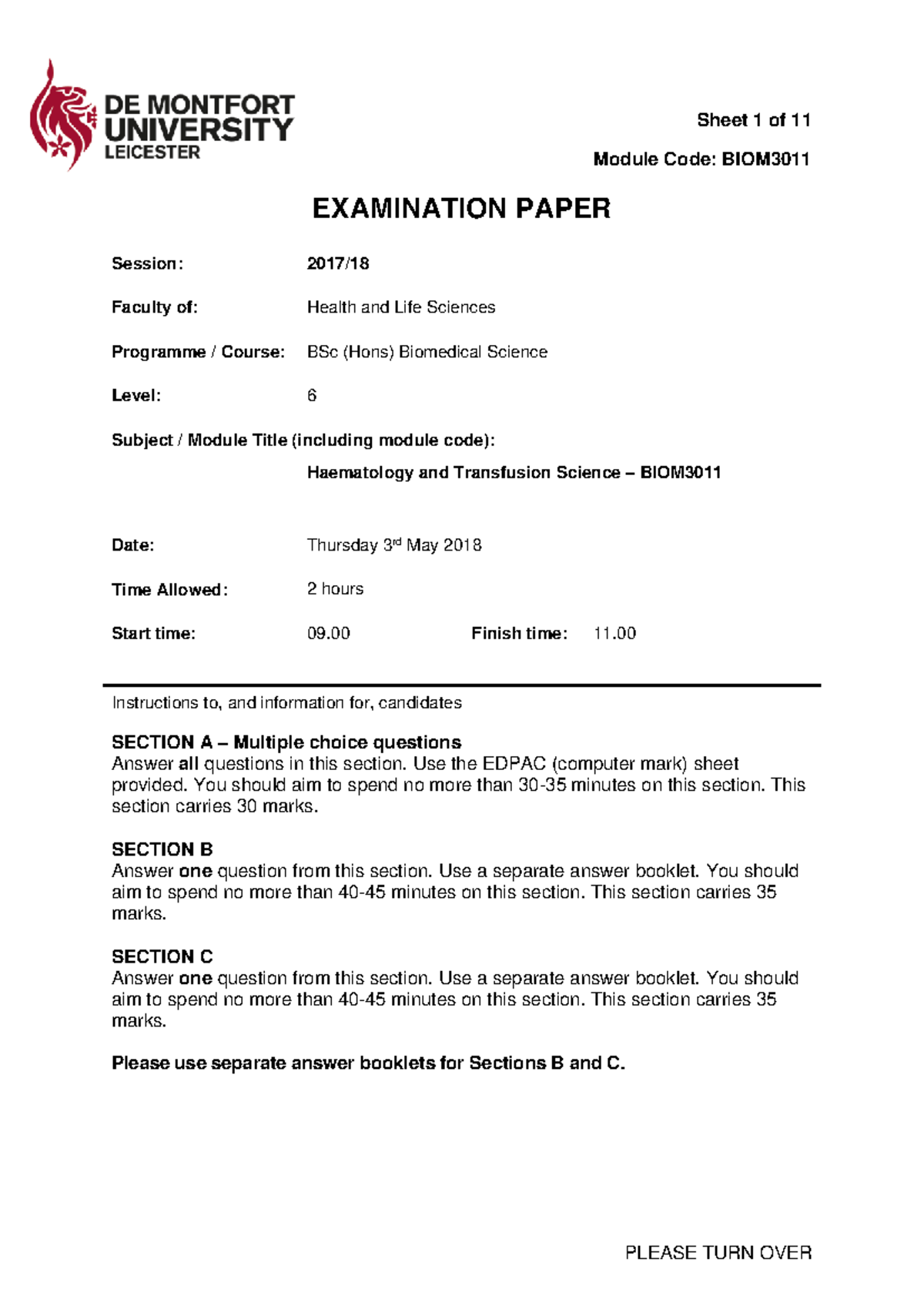 BIOM3011 - exam - Module Code: BIOM EXAMINATION PAPER Session: 2017 ...