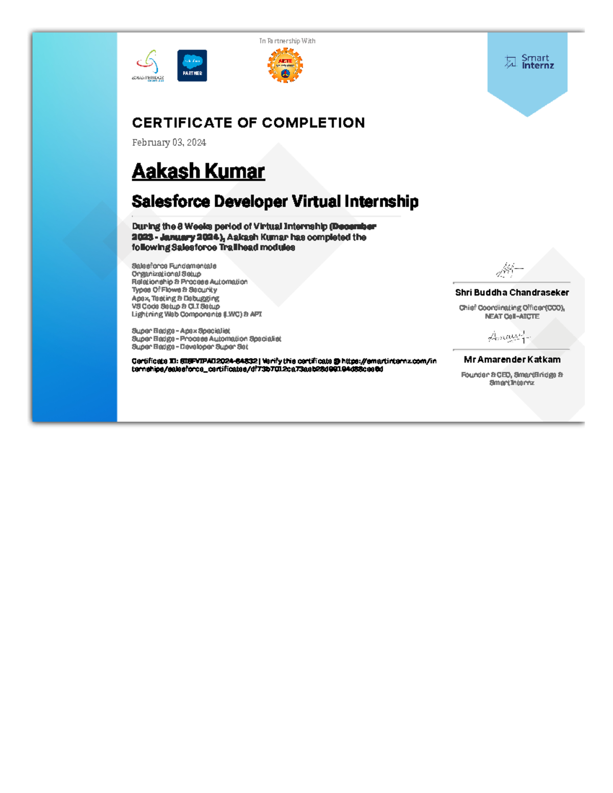 Sales force certificate - In Partnership With CERTIFICATE OF COMPLETION February 03, 2024 Aakash ...