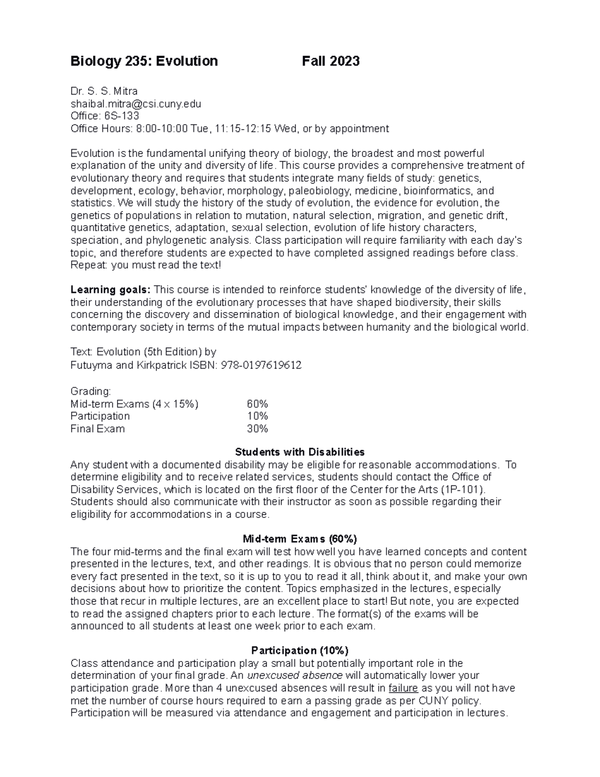 Bio 235 Syllabus Fall 2023 Mitra - Biology 235: Evolution Fall 2023 Dr ...