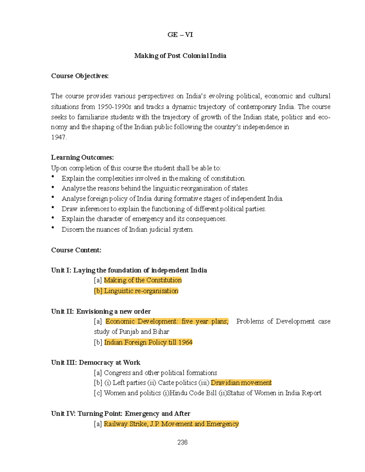 Making of Post Colonial India - GE – VI Making of Post Colonial India ...