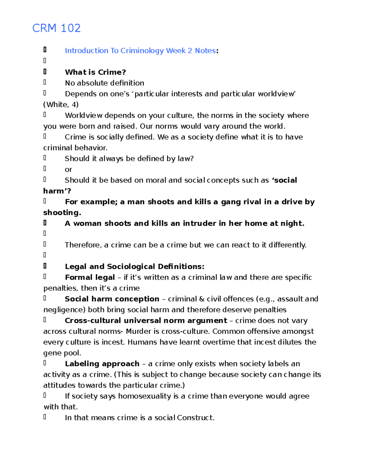 Introduction to Criminology - Lecture notes - CRM 102 - CRM 102 ...