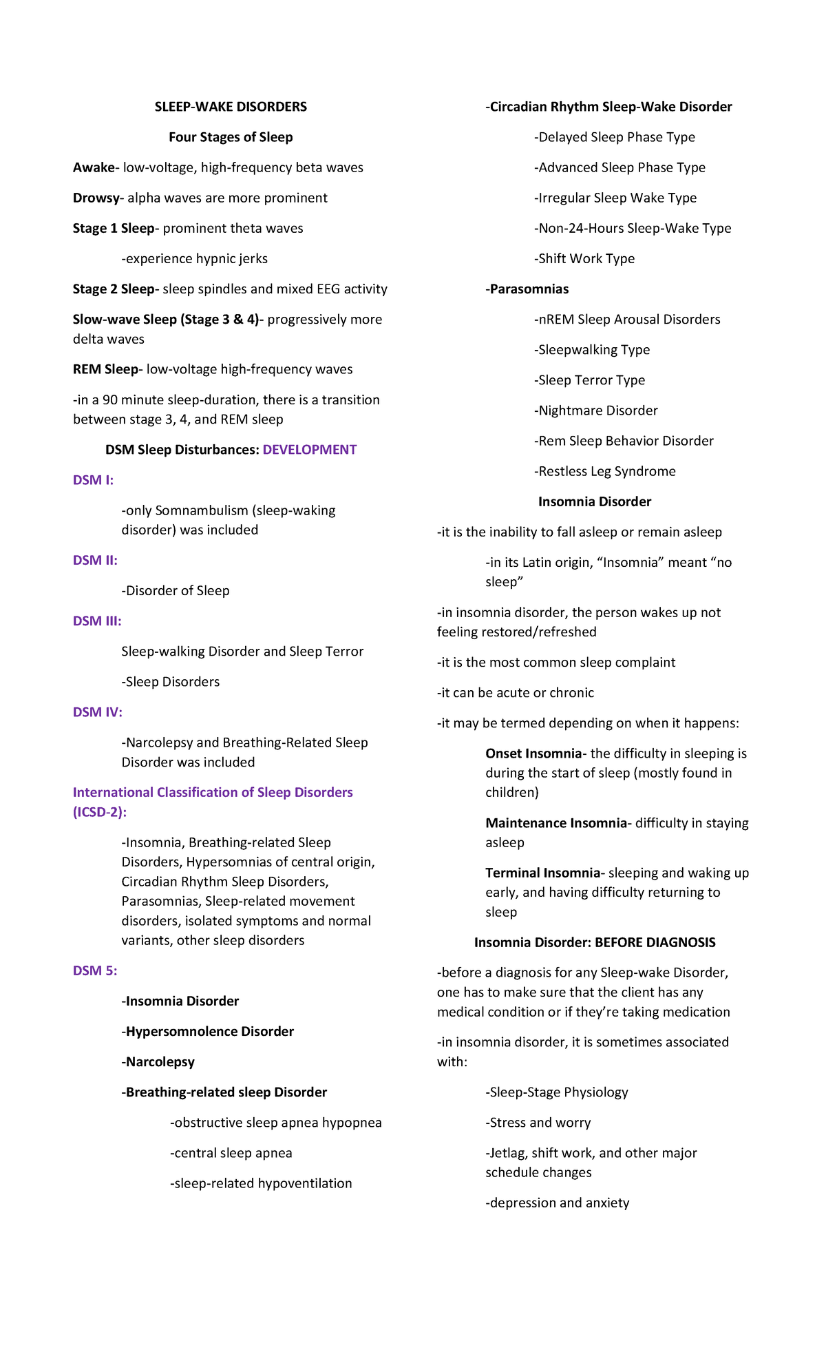 Sleep-wake Disorders Notes - SLEEP-WAKE DISORDERS Four Stages of Sleep ...