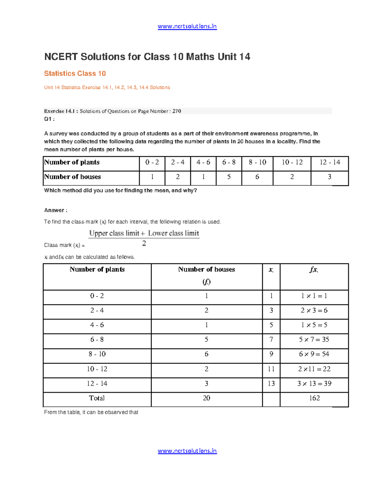 Chapter 14 Statistics NCERT Solutions For Class 10 Maths Unit 14