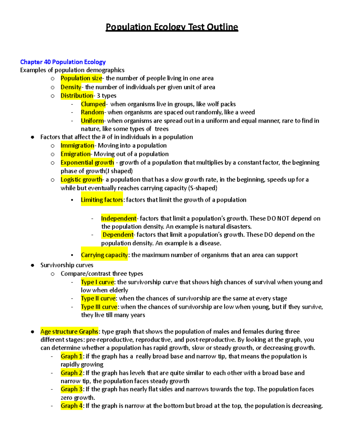 Population Ecology Test Outline (H) - Population Ecology Test Outline ...