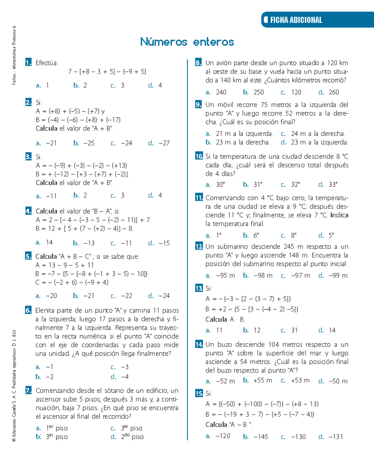 FA Números enteros - Fichas - Matemática Primaria 6 © Ediciones Corefo S. A. C. Prohibido - Studocu