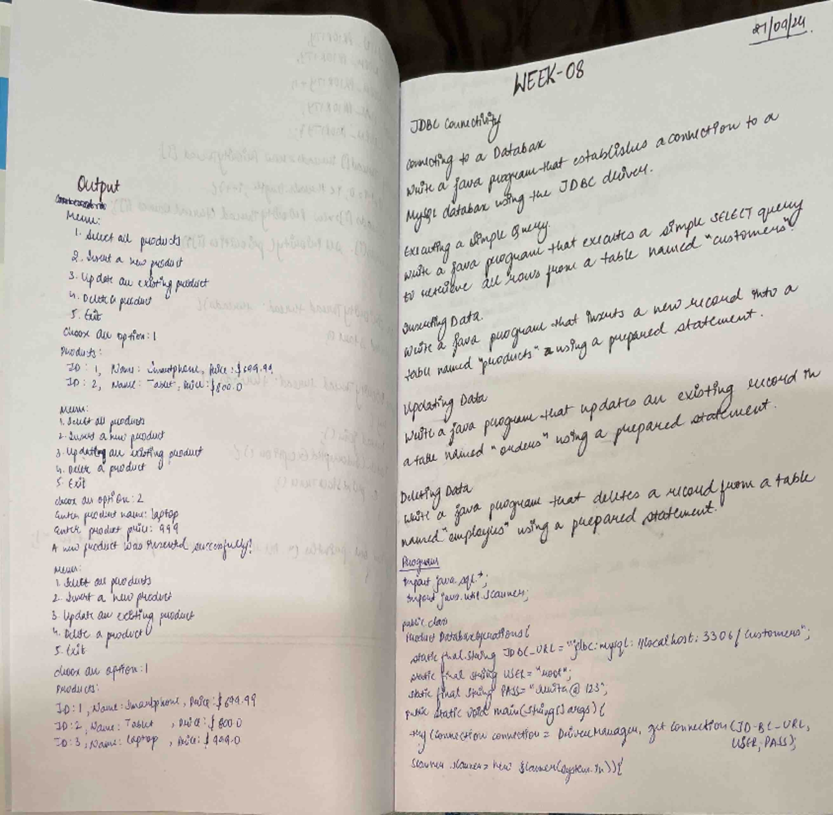RA231103011078— - Week 5 - Output JDBC connectivity commoting to a connection to a Menu: 1. a ...