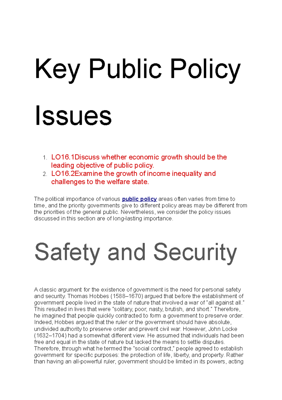 Chapther 16 symmary - Key Public Policy Issues 1. LO16 whether economic ...