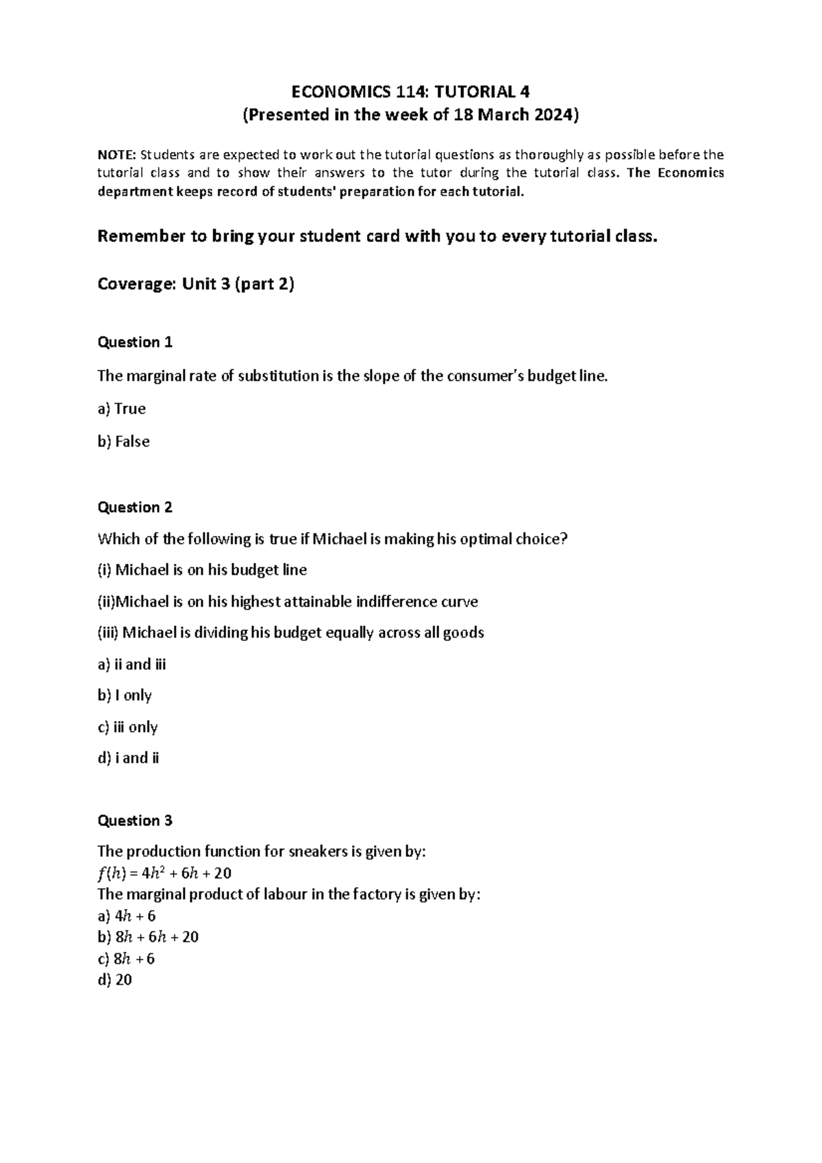 Tutorial 4 (18 Mar - 22 Mar) - ECONOMICS 114: TUTORIAL 4 (Presented in ...