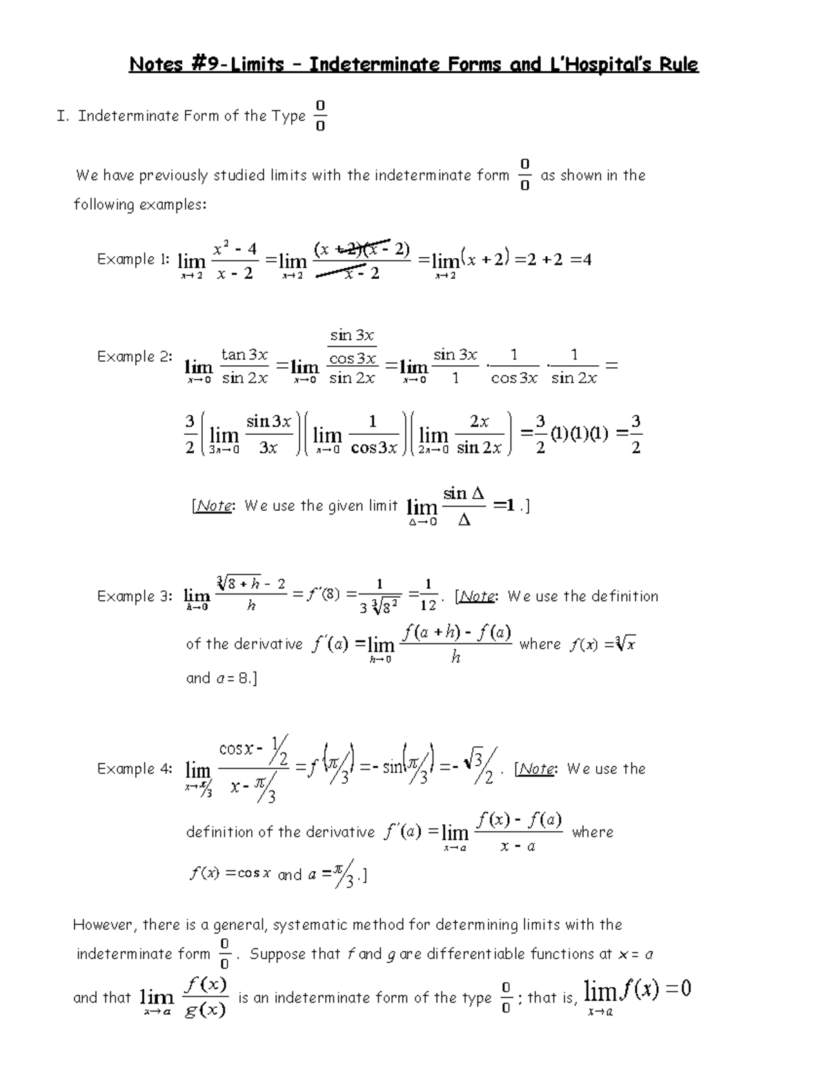 Notes #9-L'hopital's Rule - Notes #9-Limits – Indeterminate Forms and L ...