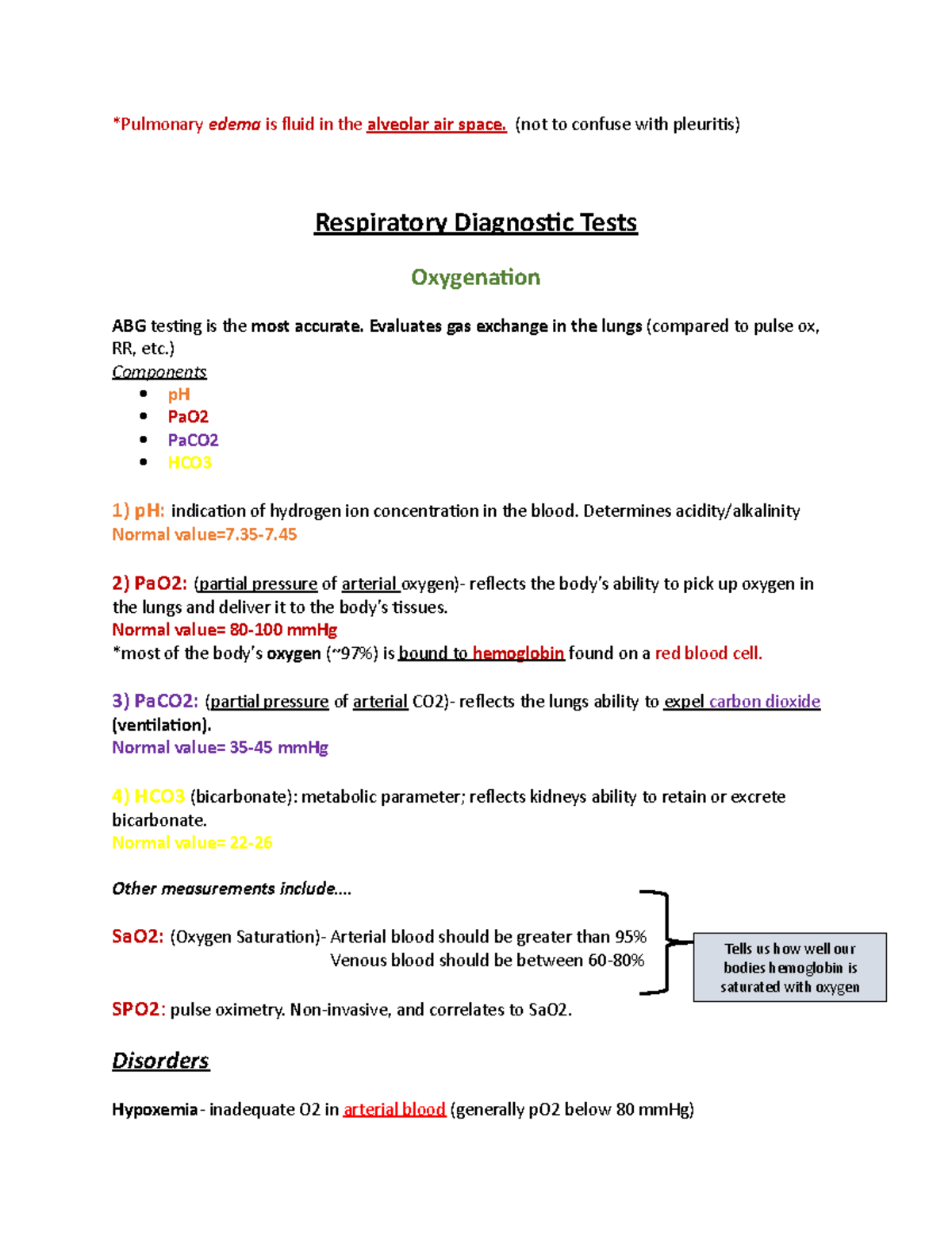 Respiratory Notes by Haley - *Pulmonary edema is fluid in the alveolar ...