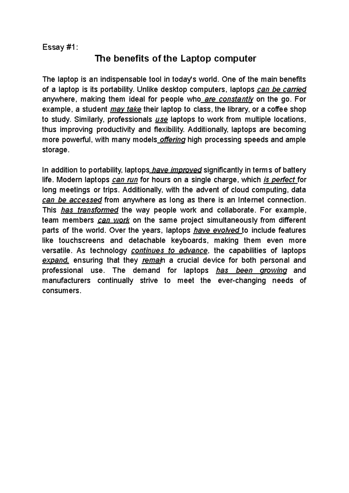 Advanced 4- Portfolio - Apuntes - Essay #1: The benefits of the Laptop ...