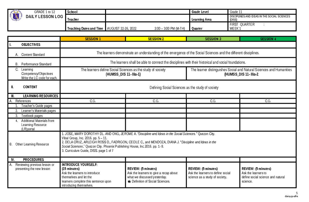 Week 1 - GRADE 1 to 12 DAILY LESSON LOG School Grade Level Grade 11 ...