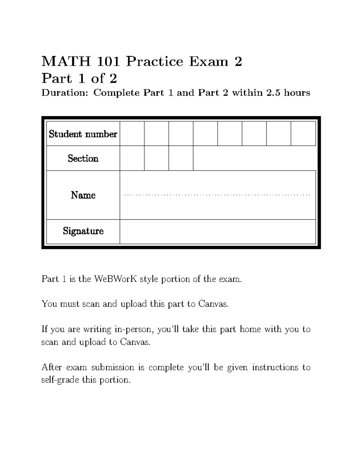 PE2 Part1 - Practice exam - MATH 101 Practice Exam 2 Part 1 of 2 ...