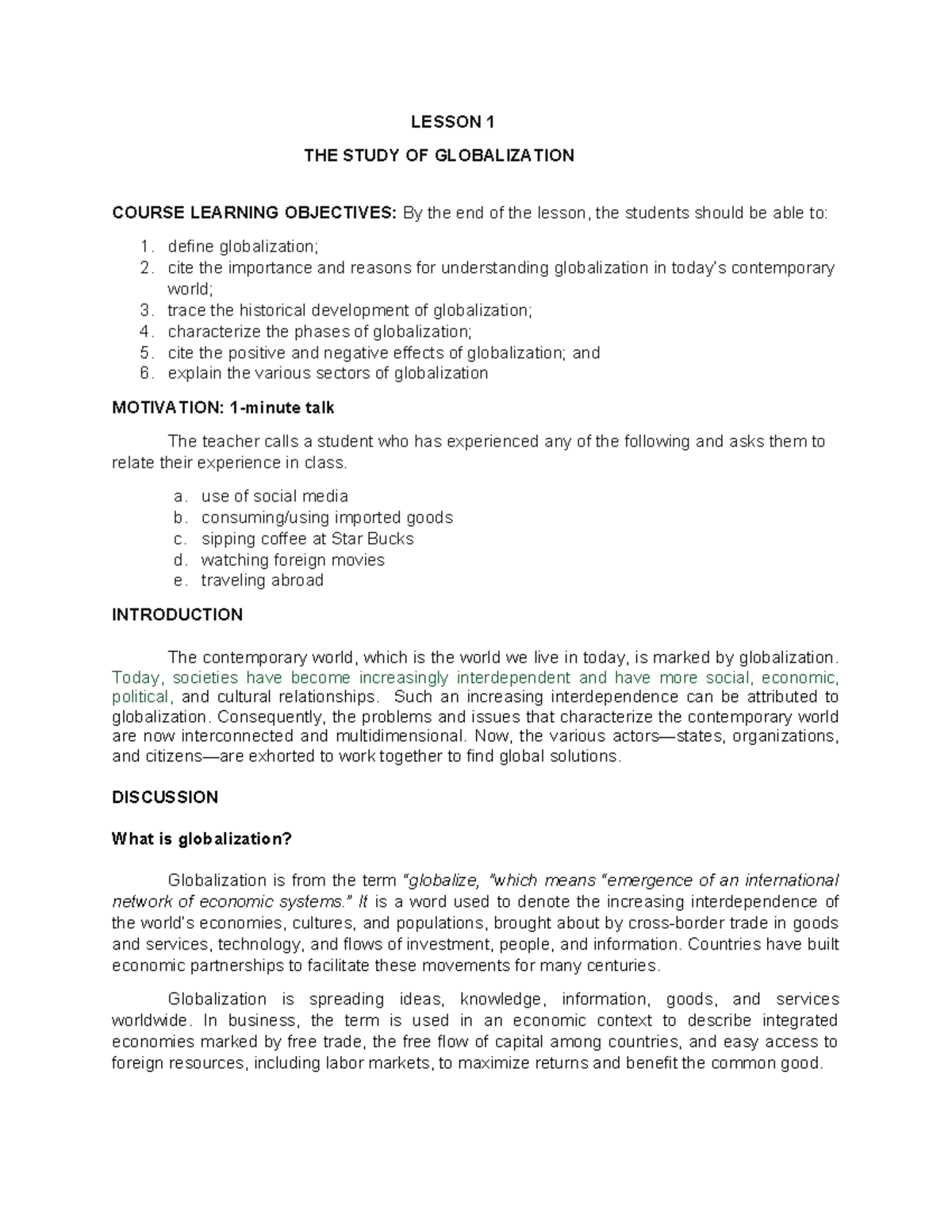Lesson-1 - Notes - LESSON 1 THE STUDY OF GLOBALIZATION COURSE LEARNING ...