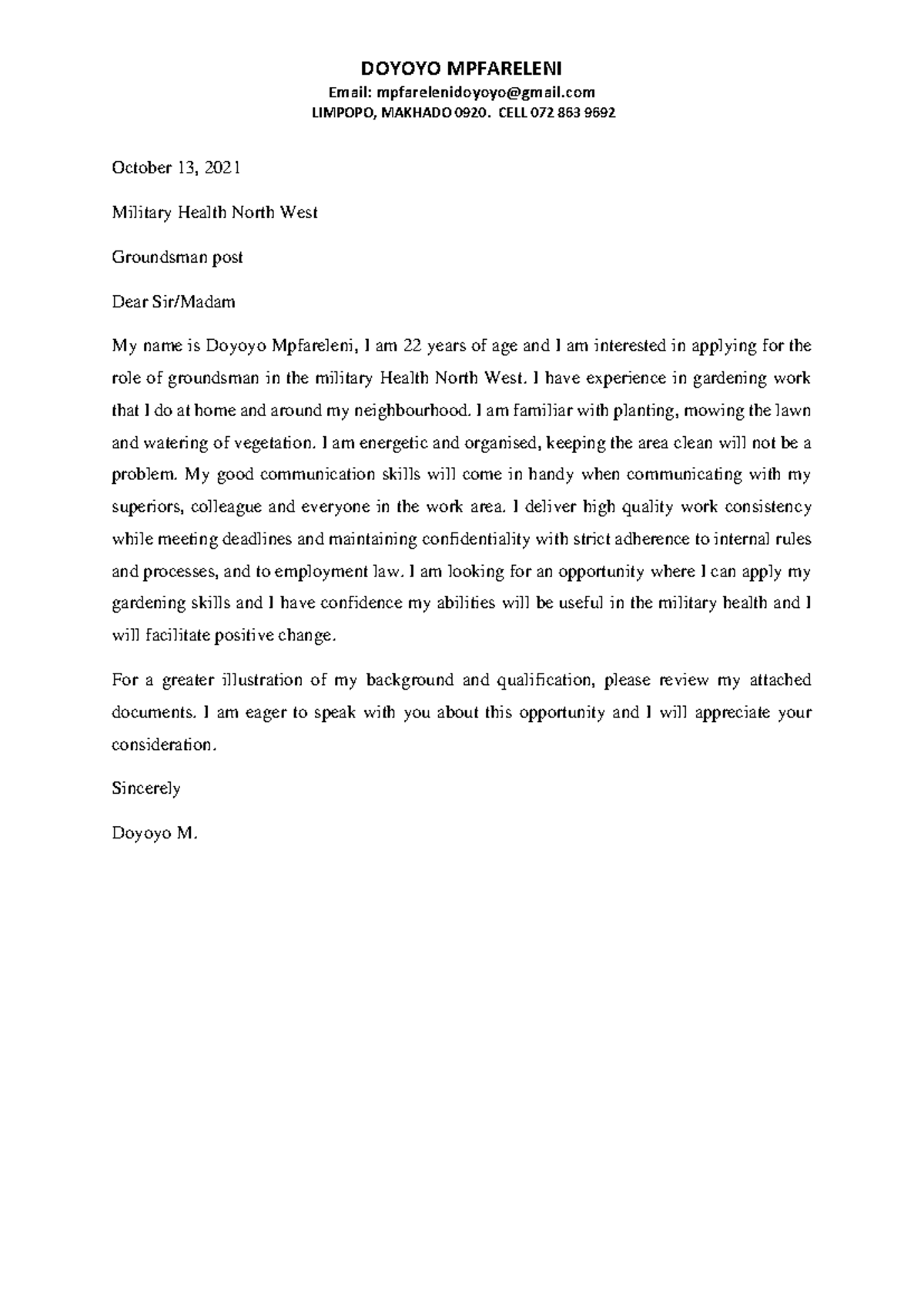 Cover letter.Doyoyo M - DOYOYO MPFARELENI Email: mpfarelenidoyoyo@gmail ...