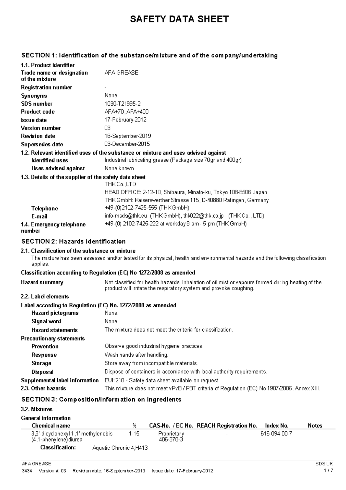 Grasa THK AFJ ING - tarea - SAFETY DATA SHEET SECTION 1: Identification ...