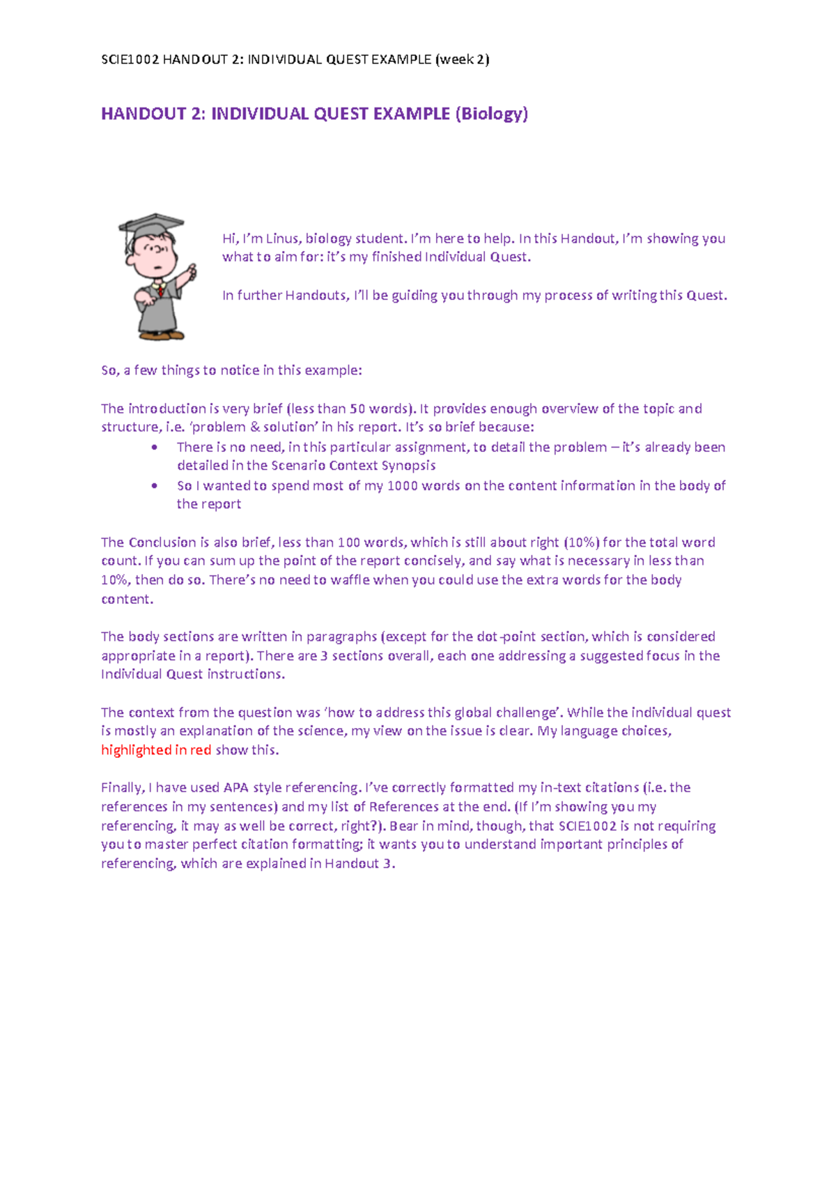 Individual Quest Example With Group Conclusion - SCIE1002 HANDOUT 2 ...