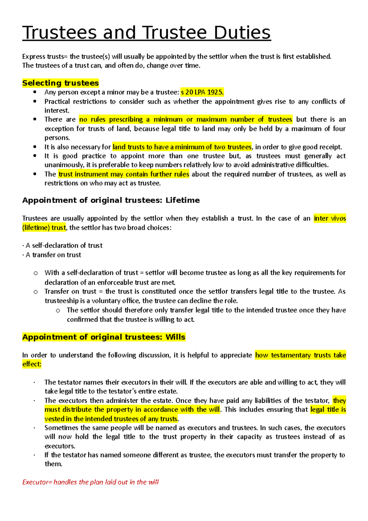 Trustees and Trustee Duties - Trustees and Trustee Duties Express trusts= the trustee(s) will ...