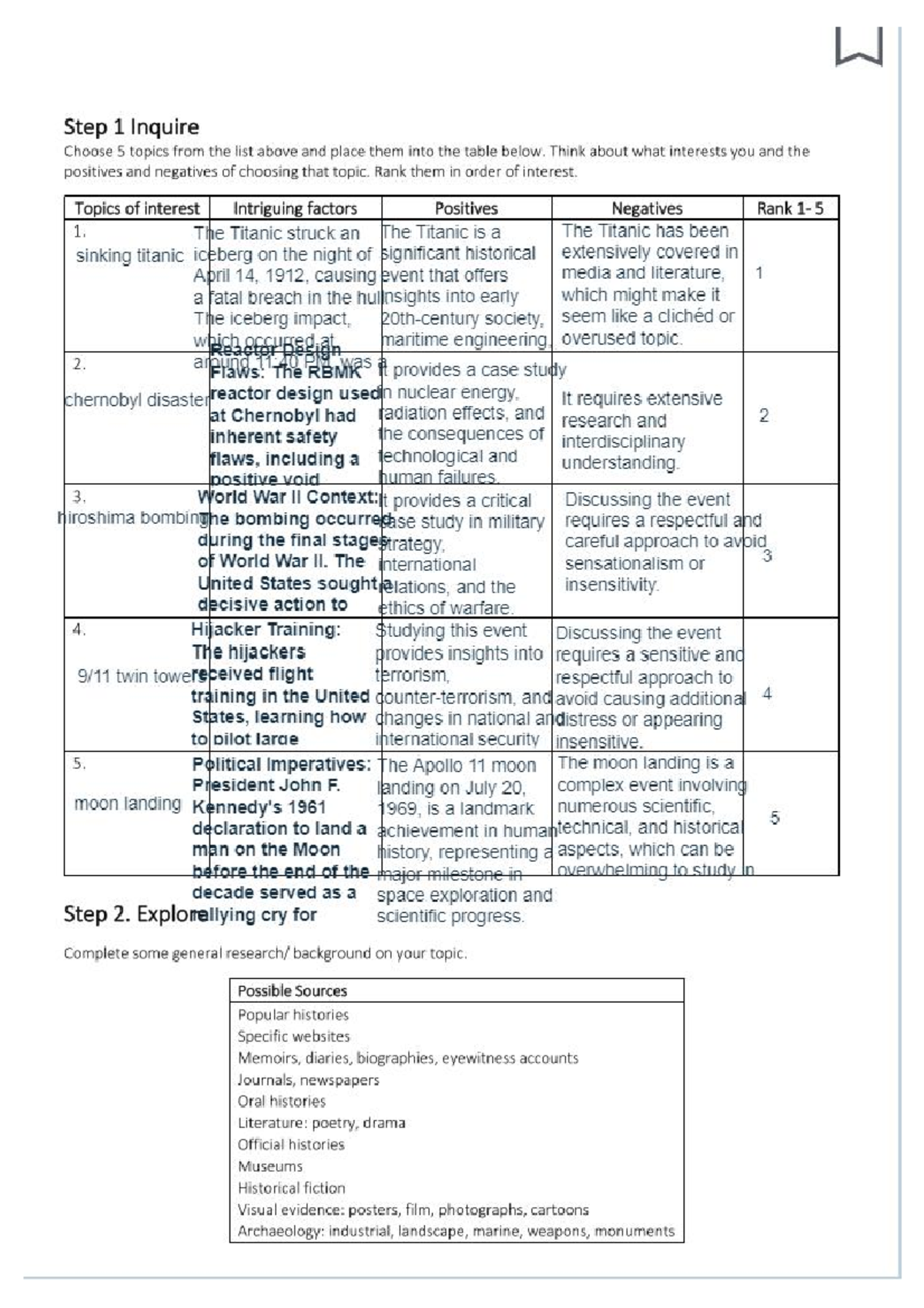 Final on bio assignments - Step 1 Inquire Choose 5 topics from the list ...