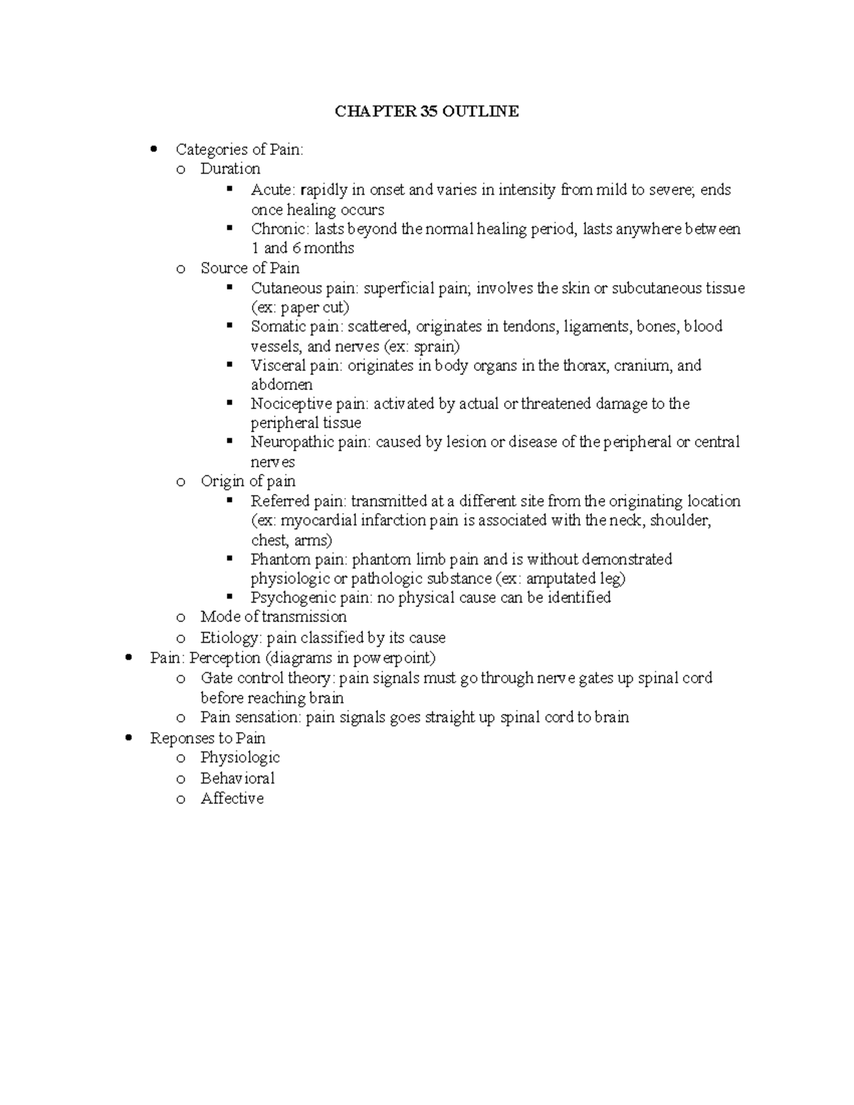 Chapter 35 Outline fundamentals - CHAPTER 35 OUTLINE Categories of Pain ...