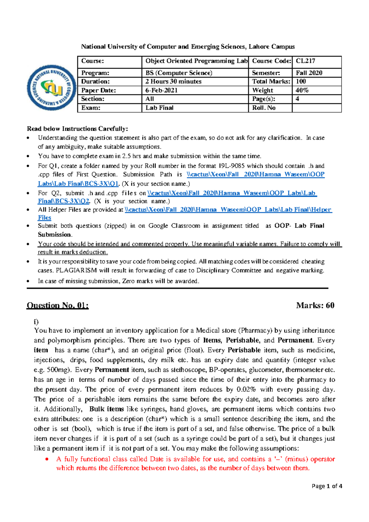 2020 - Final - Fall - OOP Lab - Read below Instructions Carefully: • Understanding the question ...
