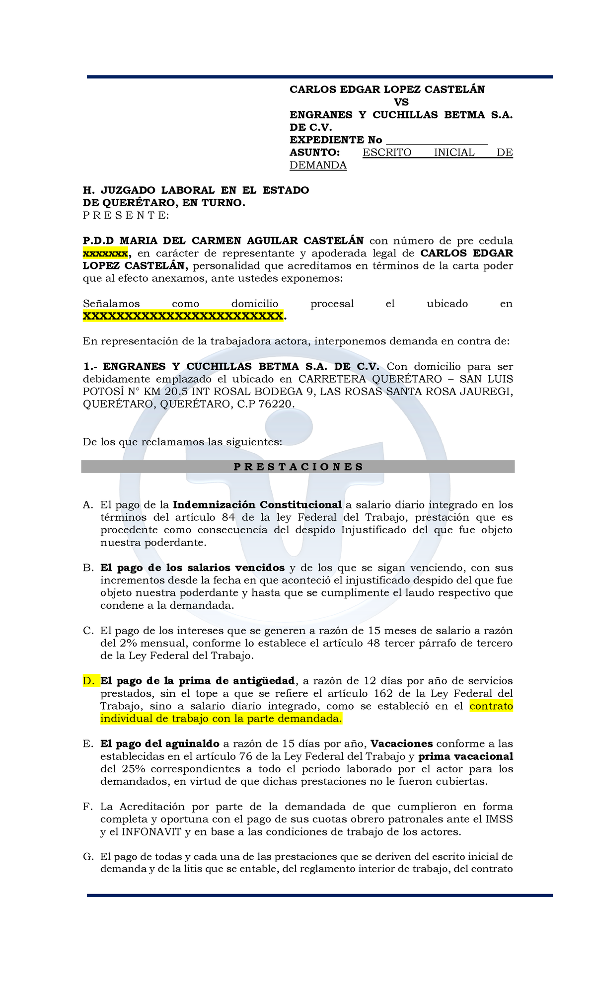 catal carta procesal - CARLOS EDGAR LOPEZ CASTEL¡N VS ENGRANES Y ...