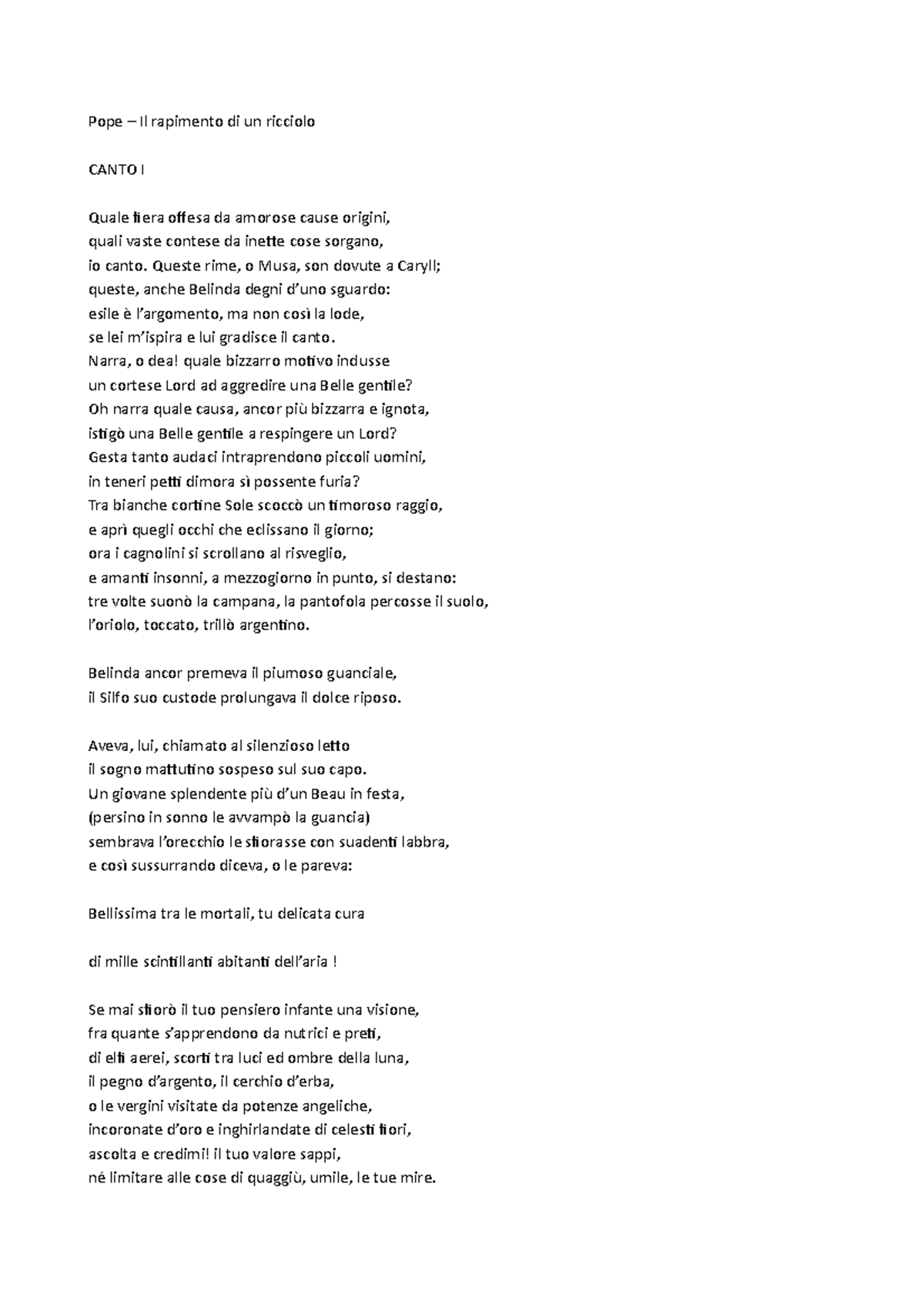 Il ricciolo rapito - Pope – Il rapimento di un ricciolo CANTO I Quale ...