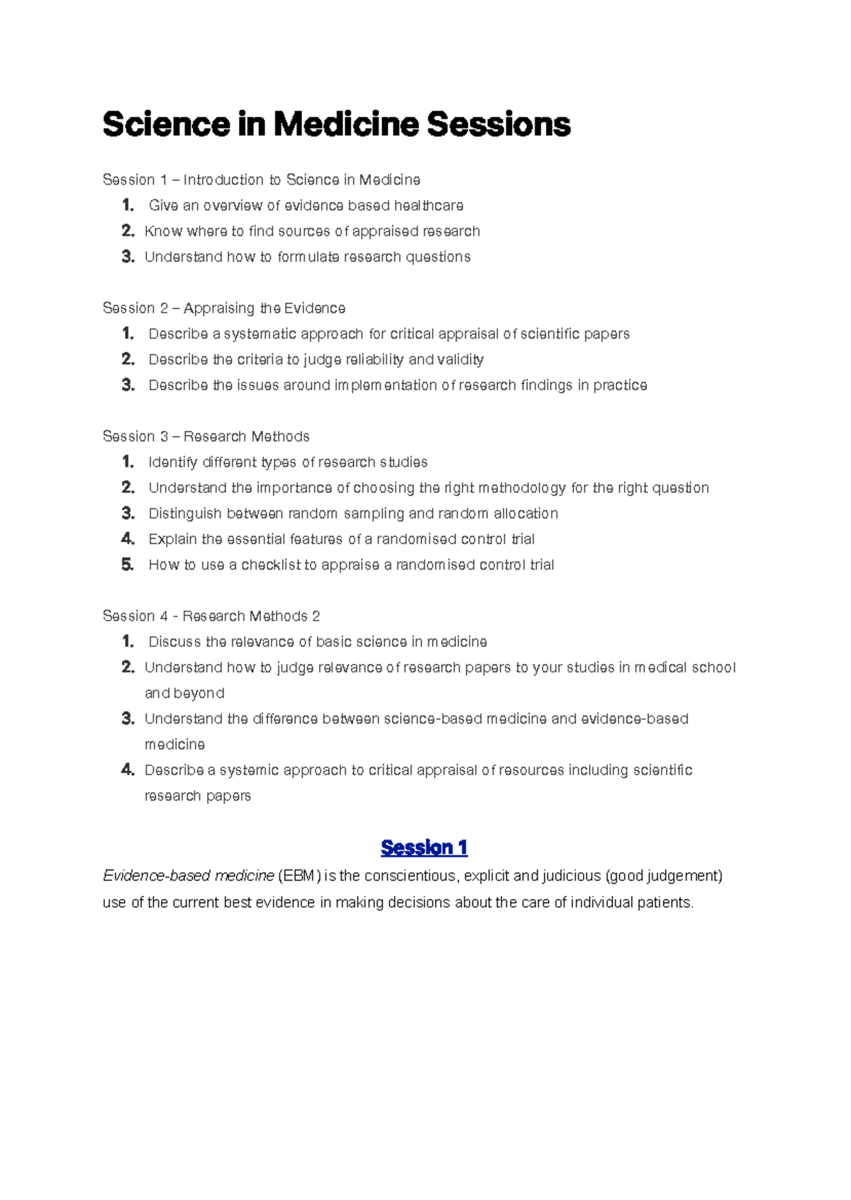 Science in Medicine Sessions - Give an overview of evidence based ...